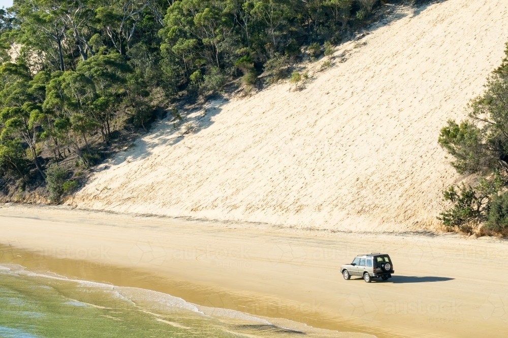 Image of A 4WD driving along a beach below a sand dune - Austockphoto