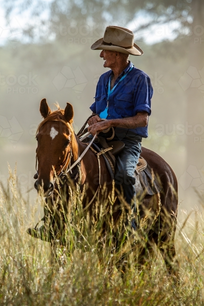Image of A 90 year old stockman on his horse telling a yarn. - Austockphoto