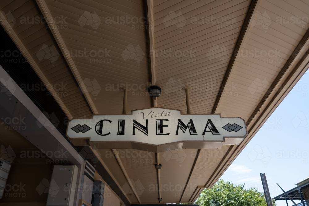 Image of cinema signage mounted on the ceiling. - Austockphoto
