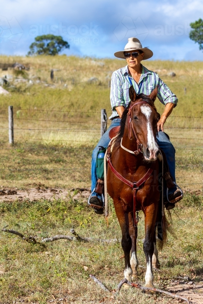 Image of A country lady in her sixties riding a horse. - Austockphoto