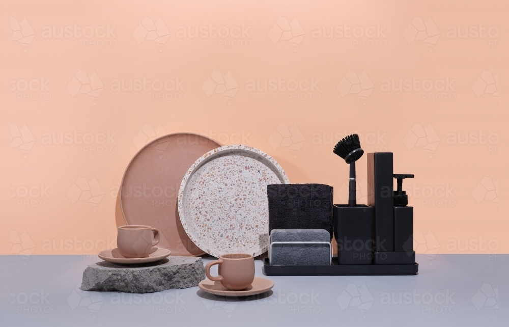 Image of A curated arrangement of household items arranged in an ...