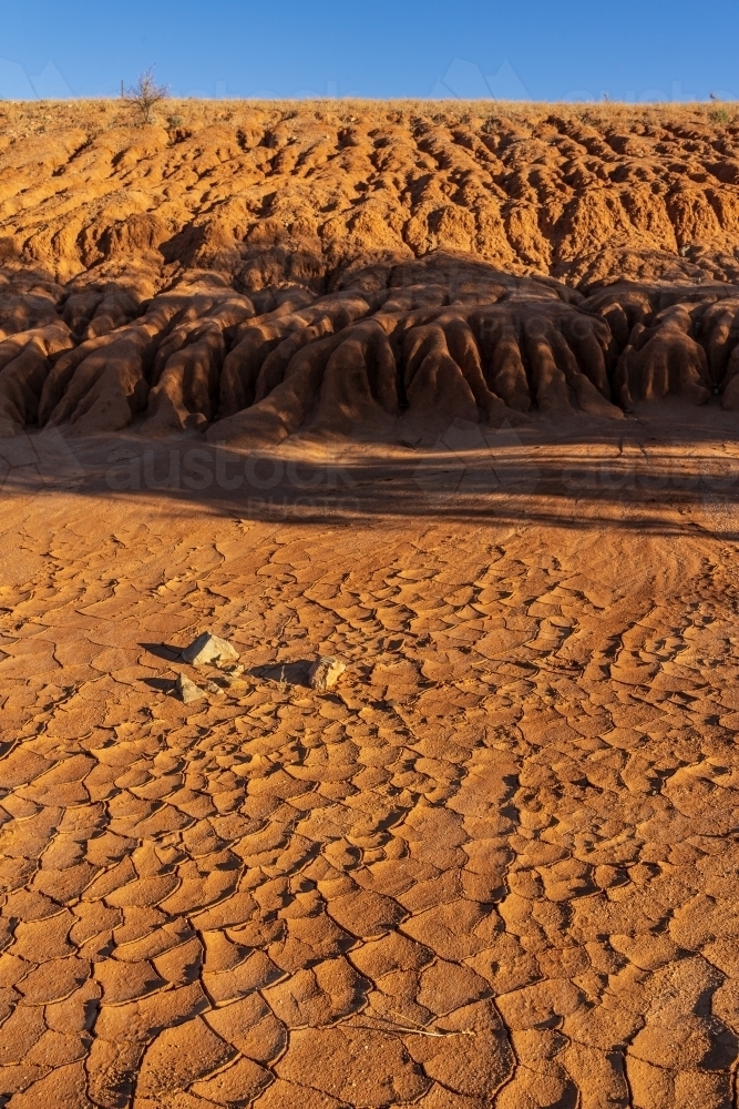 Image of A dry cracked river bed with high eroded sides of red dirt ...