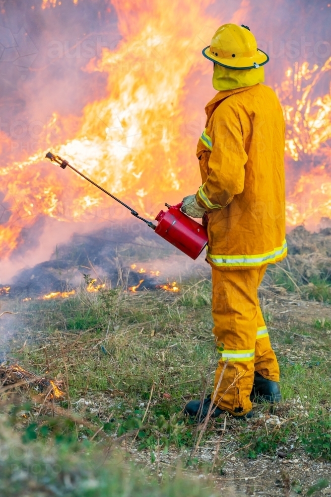 Image of A fireman using a torch watching over a fuel reduction burn ...