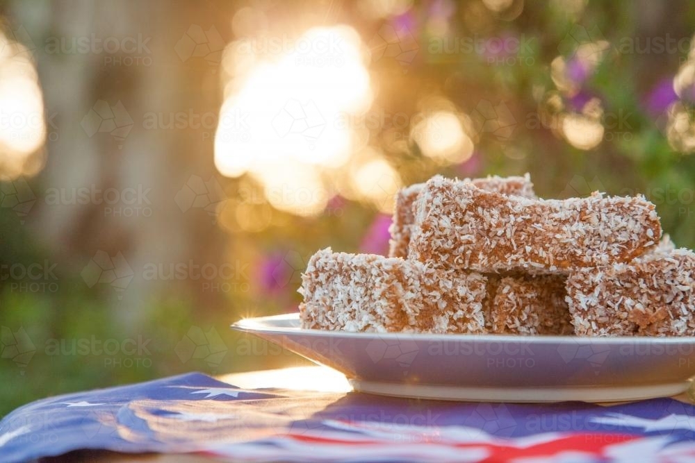 Image of A pile of lamingtons on a plate with Australian flag ...