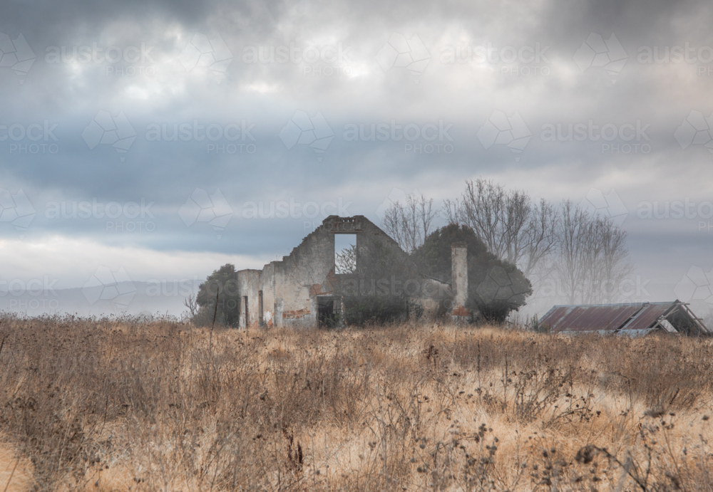 Image of A relic of an historic old building and a grey sky - Austockphoto