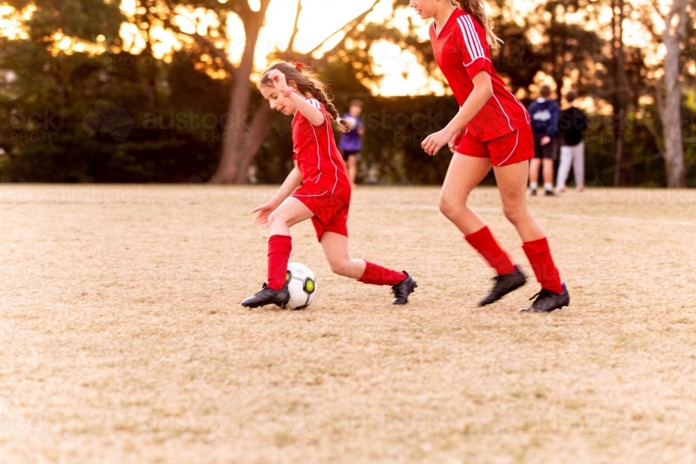 Image of A tween girls football team training together at a sports oval ...