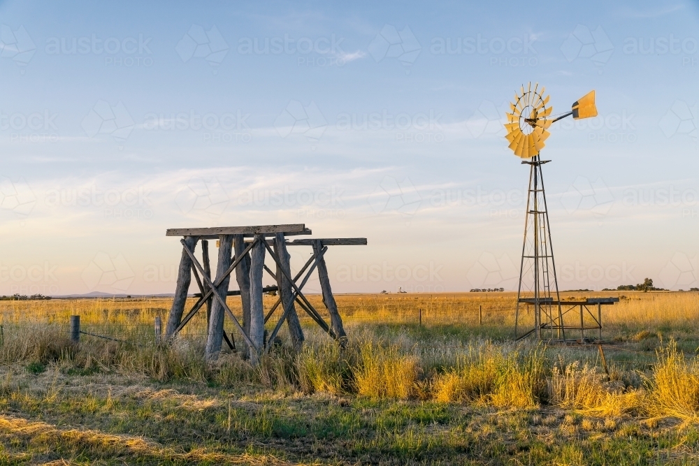 Image of A windmill and old wooden tank stand in a paddock. - Austockphoto