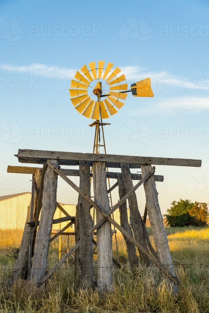 Image of A windmill and old wooden tank stand in a paddock. - Austockphoto