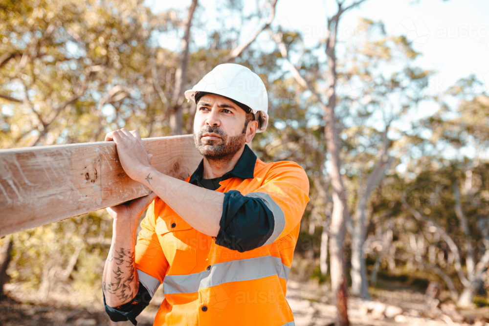 Image of A workman carrying a piece of lumber on his shoulder at a ...