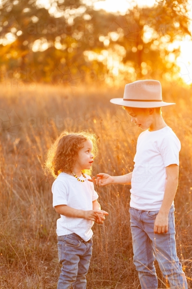 Image of Aboriginal brother and sister talking together in paddock ...