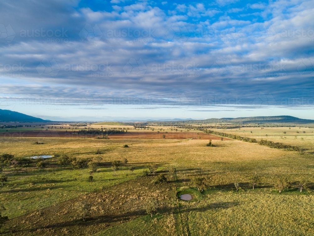 Image of Aerial Australian farm landscape with sunlight on paddock ...