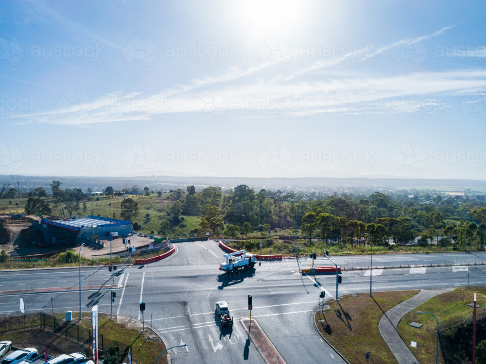 Image of Aerial landscape view of road intersection with bridge and ...