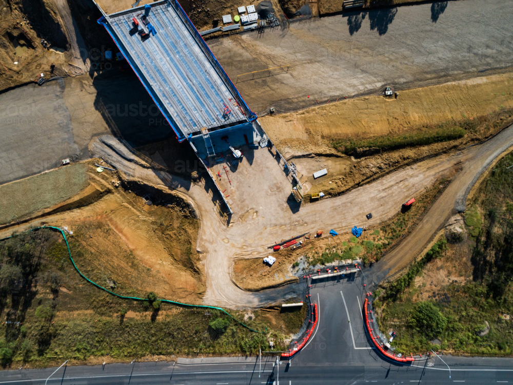 Image of Aerial overhead view of bridge and town bypass infrastructure ...
