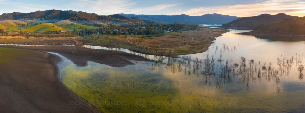 Image of Aerial panorama of a drying lake full of dead tress below a ...