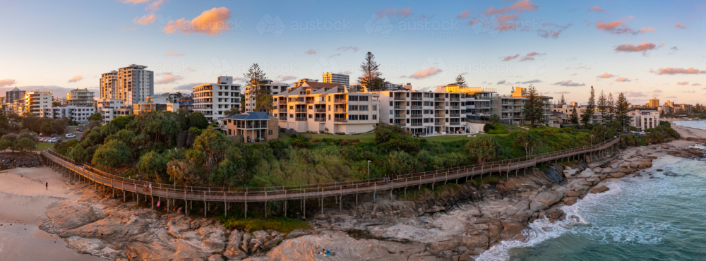 Image of Aerial panorama of a long boardwalk around a coastal headland ...