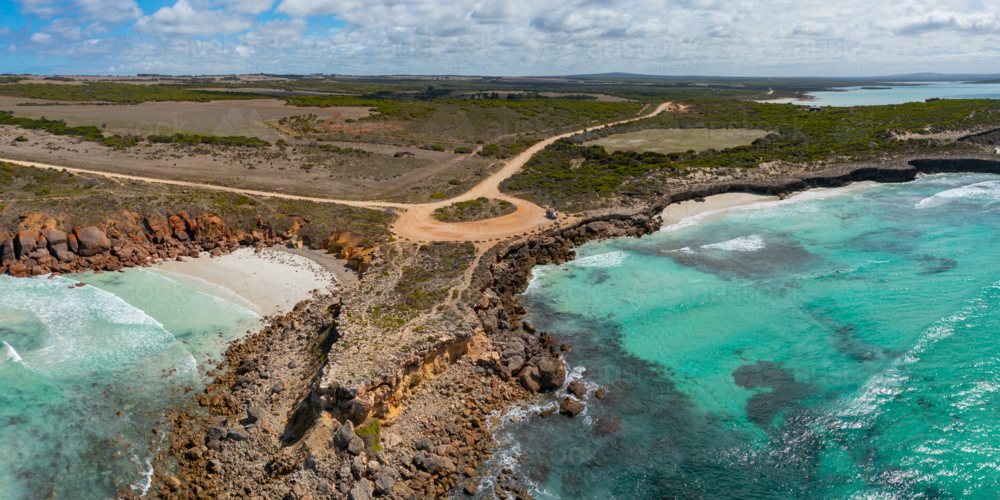 Image of Aerial panorama of a lookout high on a rugged coastal headland ...