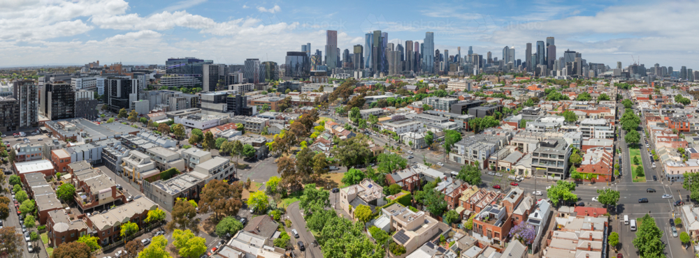 Image of Aerial panorama of an inner city suburb with highrise ...