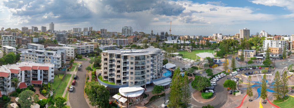 Image of Aerial panorama of high rise apartments around a coastal ...