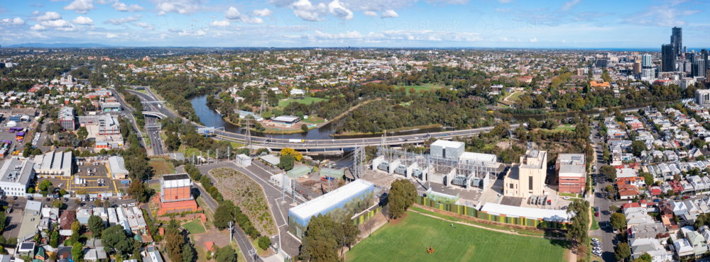 Image of Aerial panorama of inner city buildings and recreation areas ...