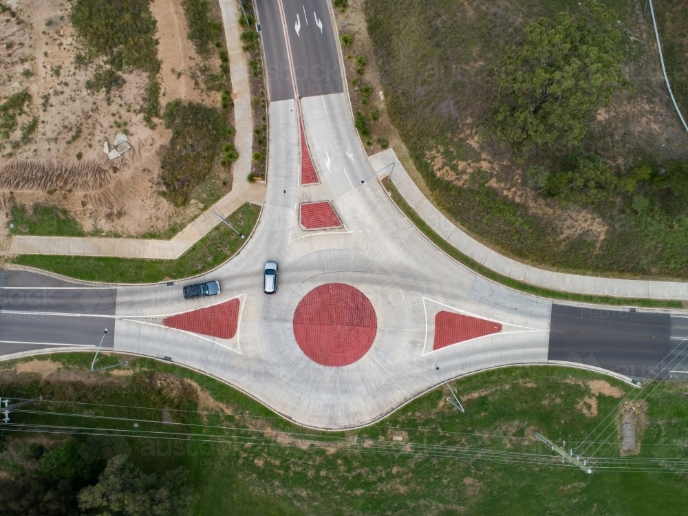Image of Aerial photo for a roundabout at intersection - Austockphoto