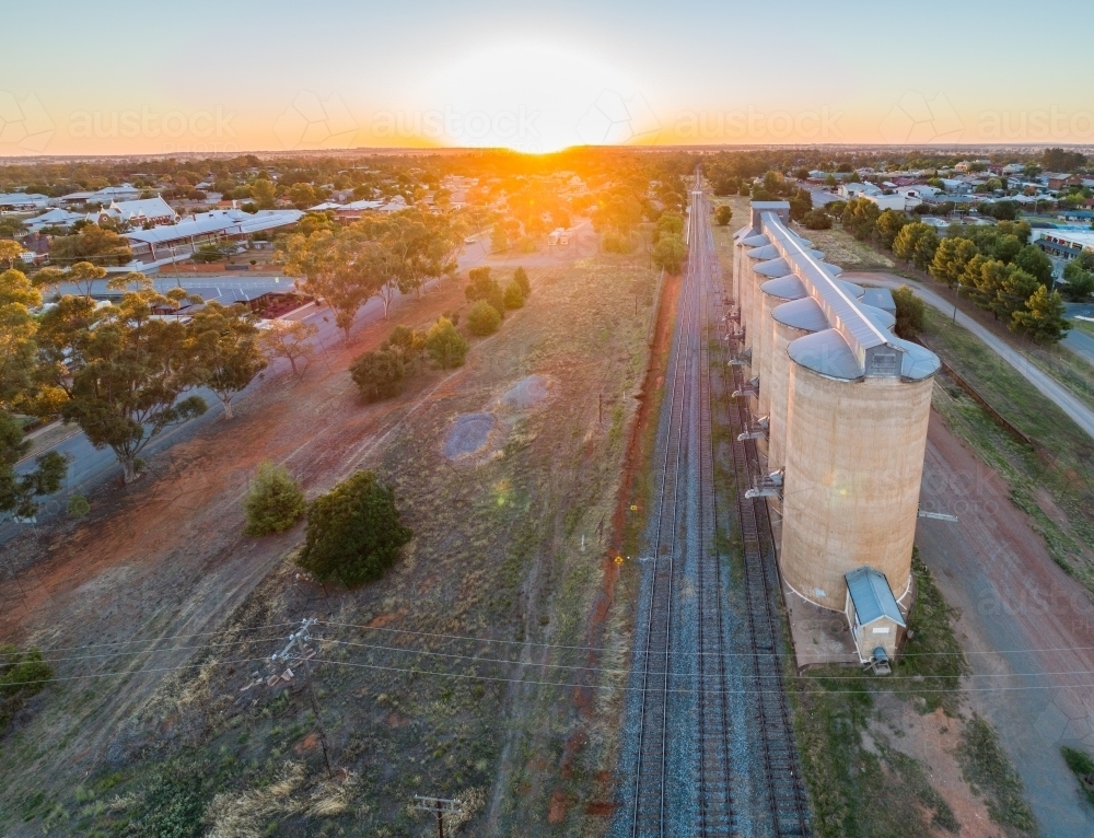 Image of Aerial photo of grain silos beside train track in the Riverina ...