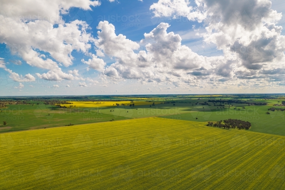 Image of aerial shot of a big open field under cloudy blue skies ...