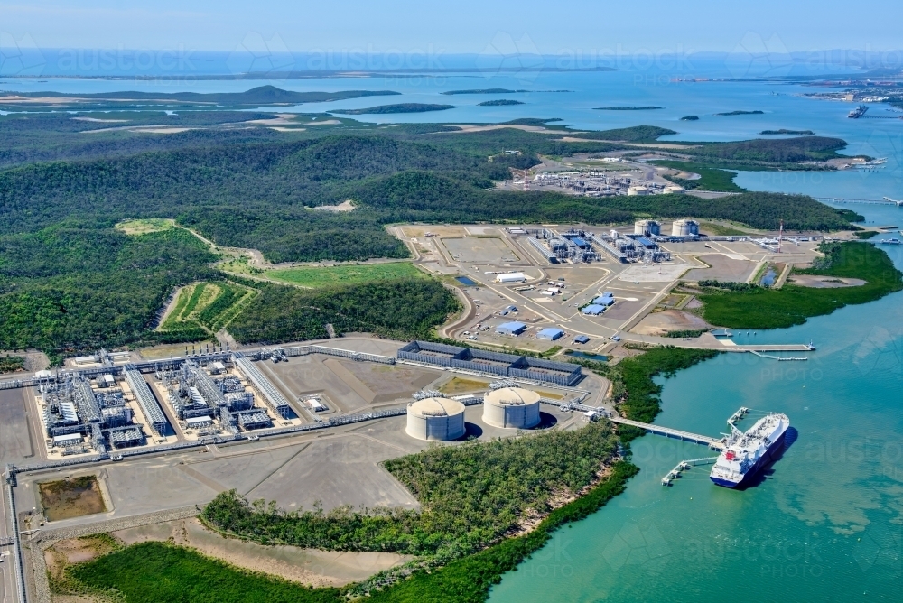 Image of Aerial shot of liquified natural gas plants on Curtis Island ...
