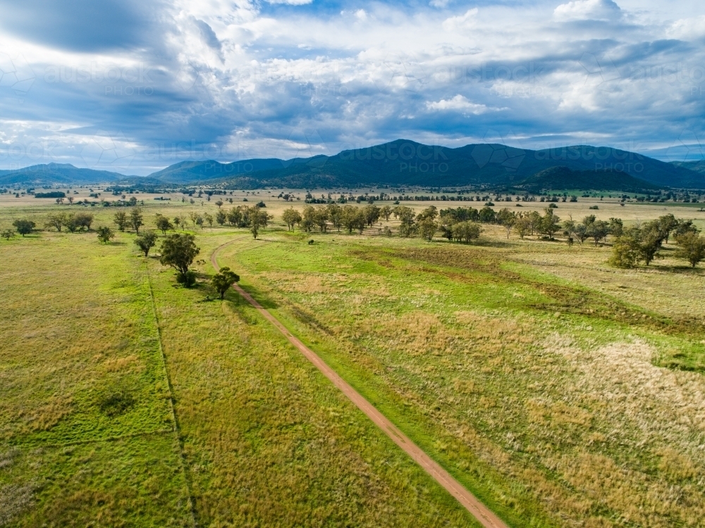 Image of Aerial view down long farm driveway in good season with green ...