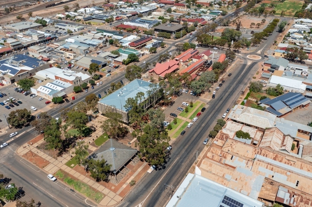 Image of Aerial view historic buildings and shops in the streets of an ...