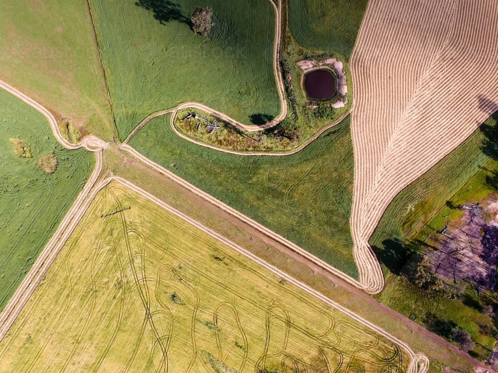 Image of Aerial view looking down on farming land - Austockphoto
