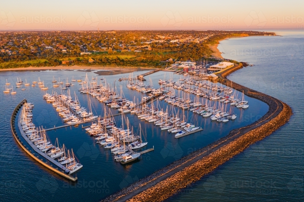 Image of Aerial view of a bay side marina with rows of boats tied to ...