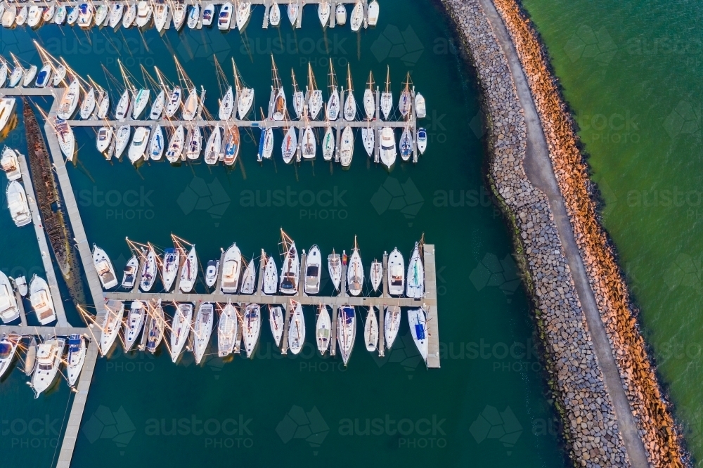 Image of Aerial view of a bay side marina with rows of boats tied to ...