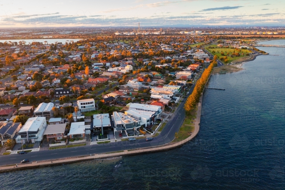 Image of Aerial view of a bay side suburb and esplanade at dusk ...