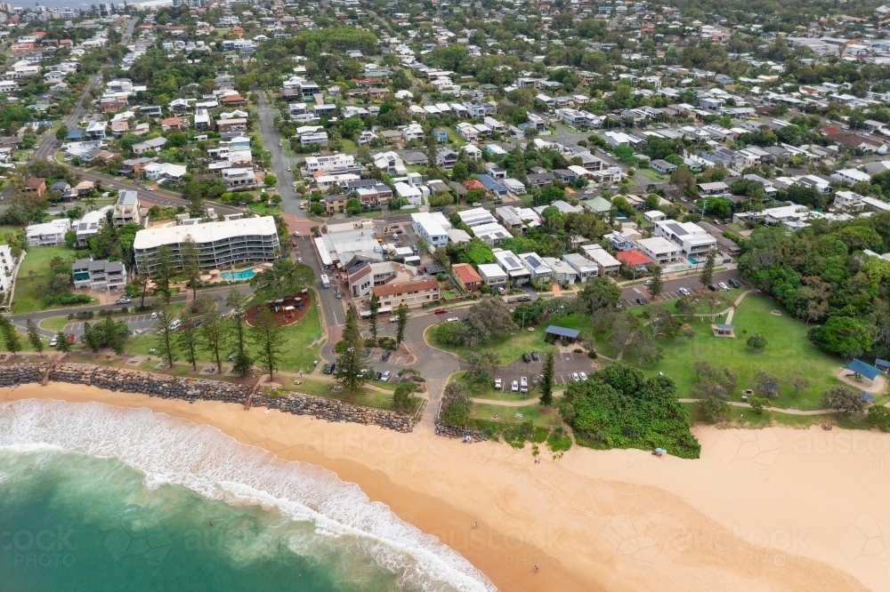 Image of Aerial view of a bay side suburb with parkland and carpark ...