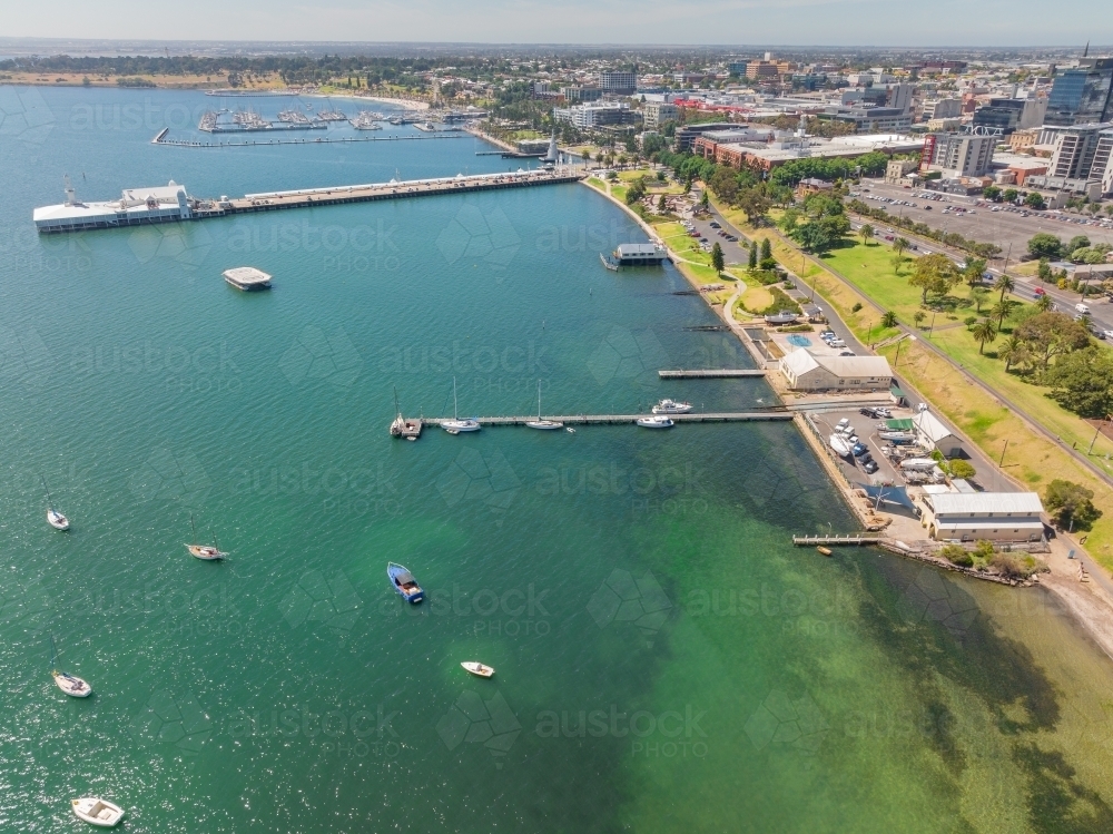 Image of Aerial view of a bay side waterfront precinct with with long ...