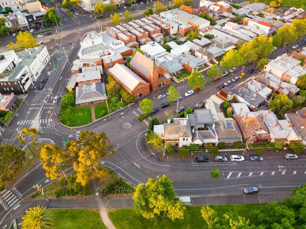 Image of Aerial view of a busy road intersection and roundabout in an ...