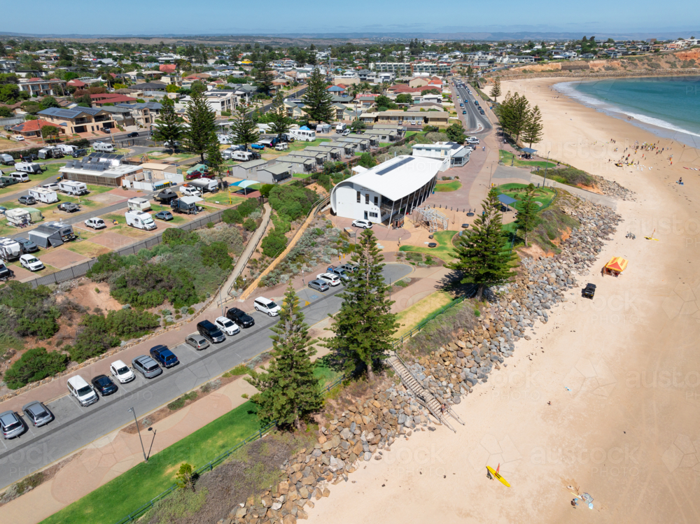 Image of Aerial view of a caravan park and a surf life saving club ...
