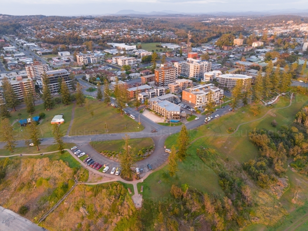 Image of Aerial view of a carpark and coastal reserve on a cliff top in ...