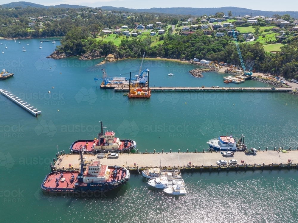 Image of Aerial view of a coastal harbour with tugboats and pleasure ...