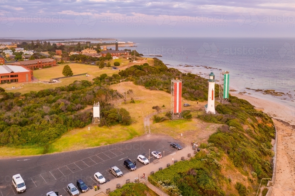 Image of Aerial view of a coastal lookout and lighthouse towers ...