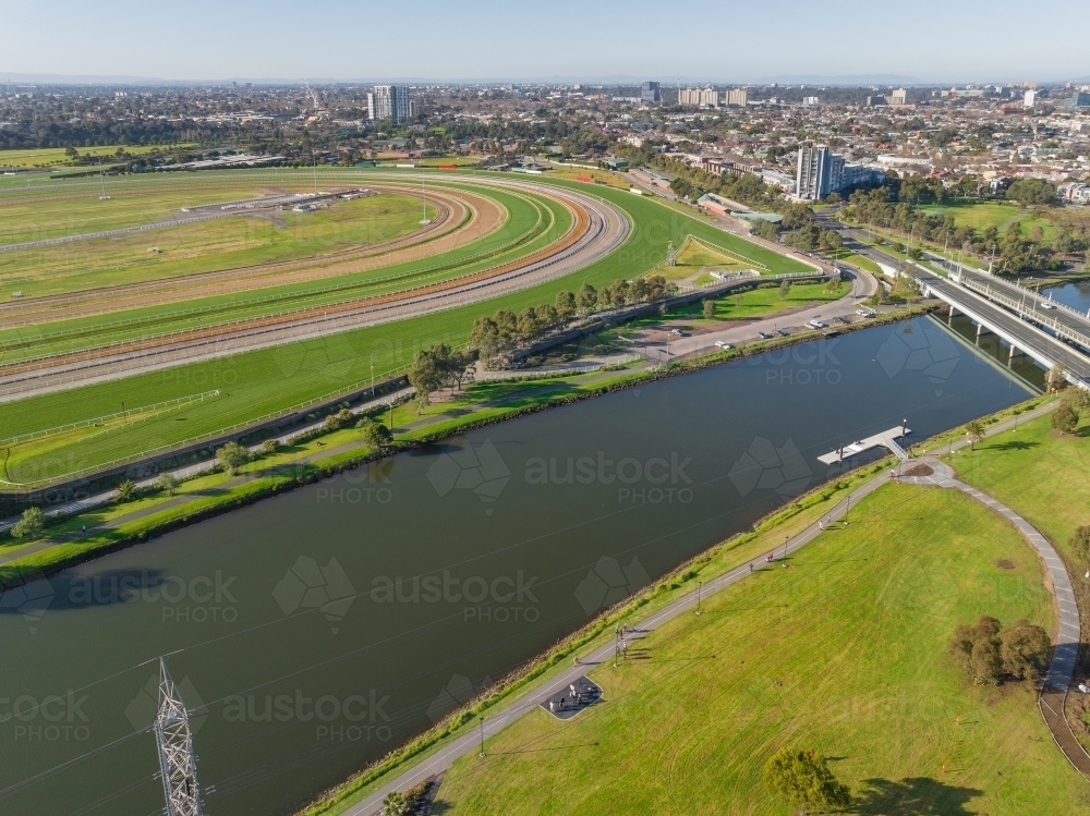 Image of Aerial view of a double lane bridge and a racecourse on the ...