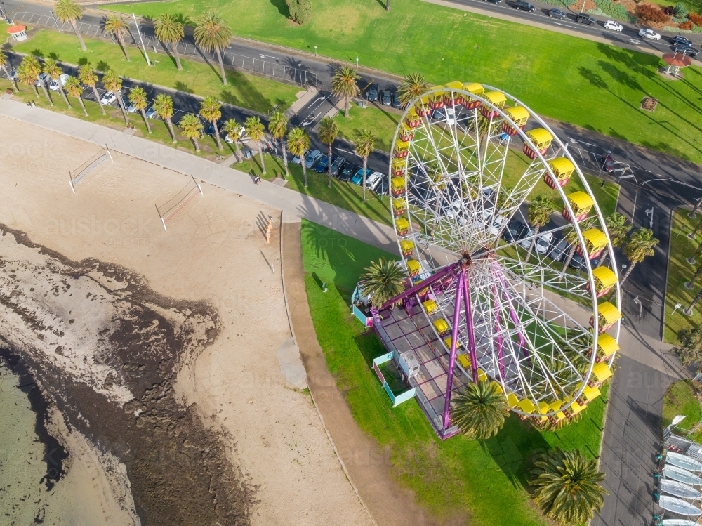 Image of Aerial view of a ferris wheel on a green coastal reserve ...