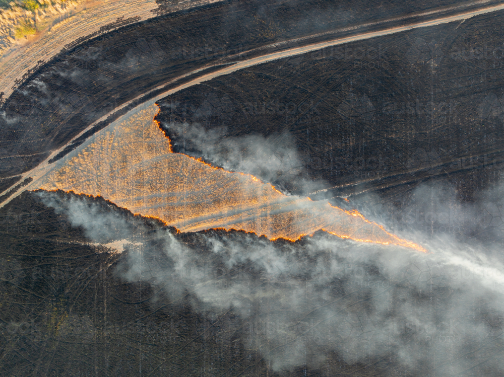 Image of Aerial view of a fire burning off stubble in a blackened ...