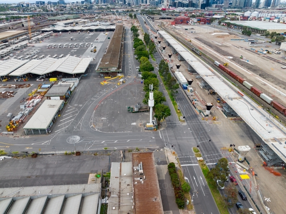 Image of Aerial view of a freeway construction site on both sides of a ...