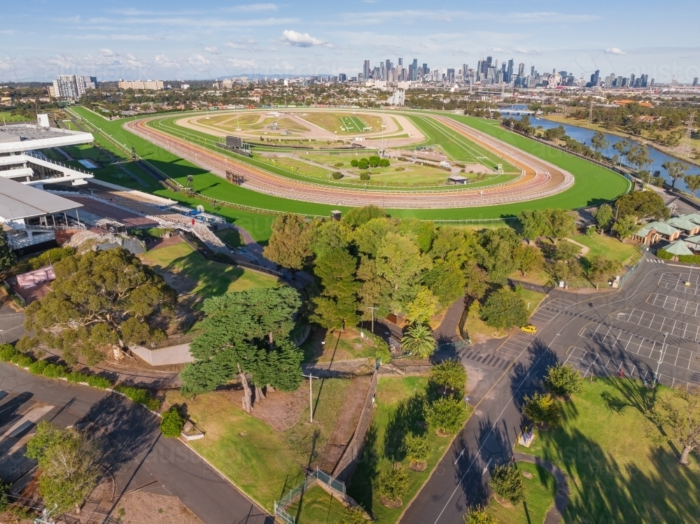 Image of Aerial view of a horse racing track with carparking in front ...