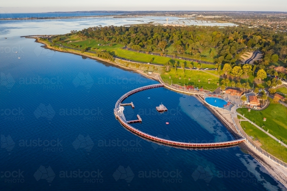 Image of Aerial view of a large circular swimming enclosure along a ...