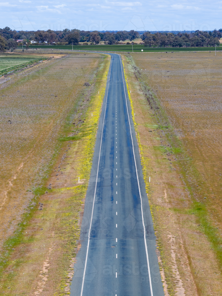 Image of Aerial view of a long straight country through barren rural ...