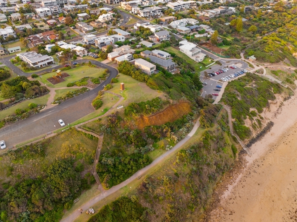 Image of Aerial view of a lookout carpark and real estate on top of a ...