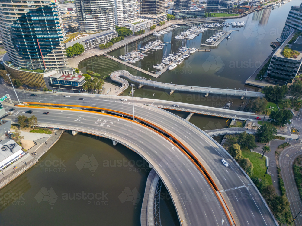 Image of Aerial view of a multi laned traffic bridge over an inner city ...