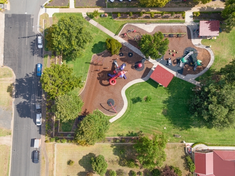 Image of Aerial view of a playground in a regional town - Austockphoto
